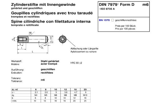 Acero - Pasador Cilíndrico Roscado DIN 7979 - Pasadores